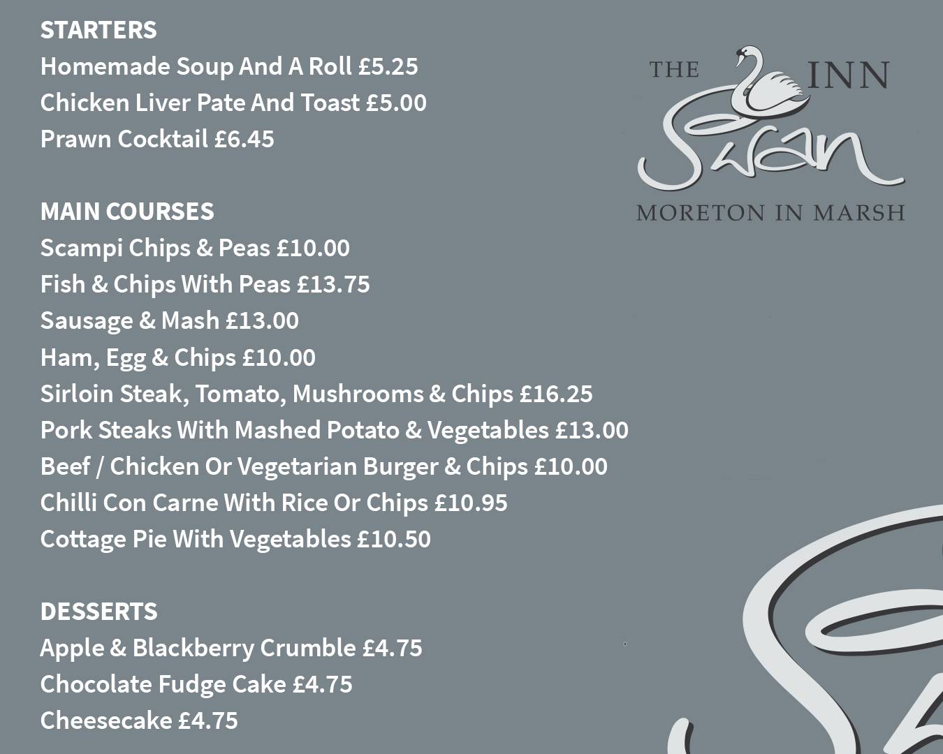 Menu at The Swan Inn pub & bar, Moreton-in-Marsh