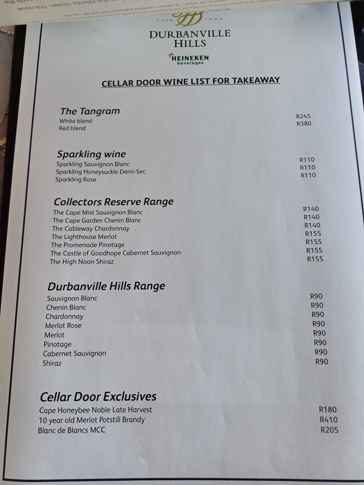 Menu at The Tangram Restaurant, Cape Town