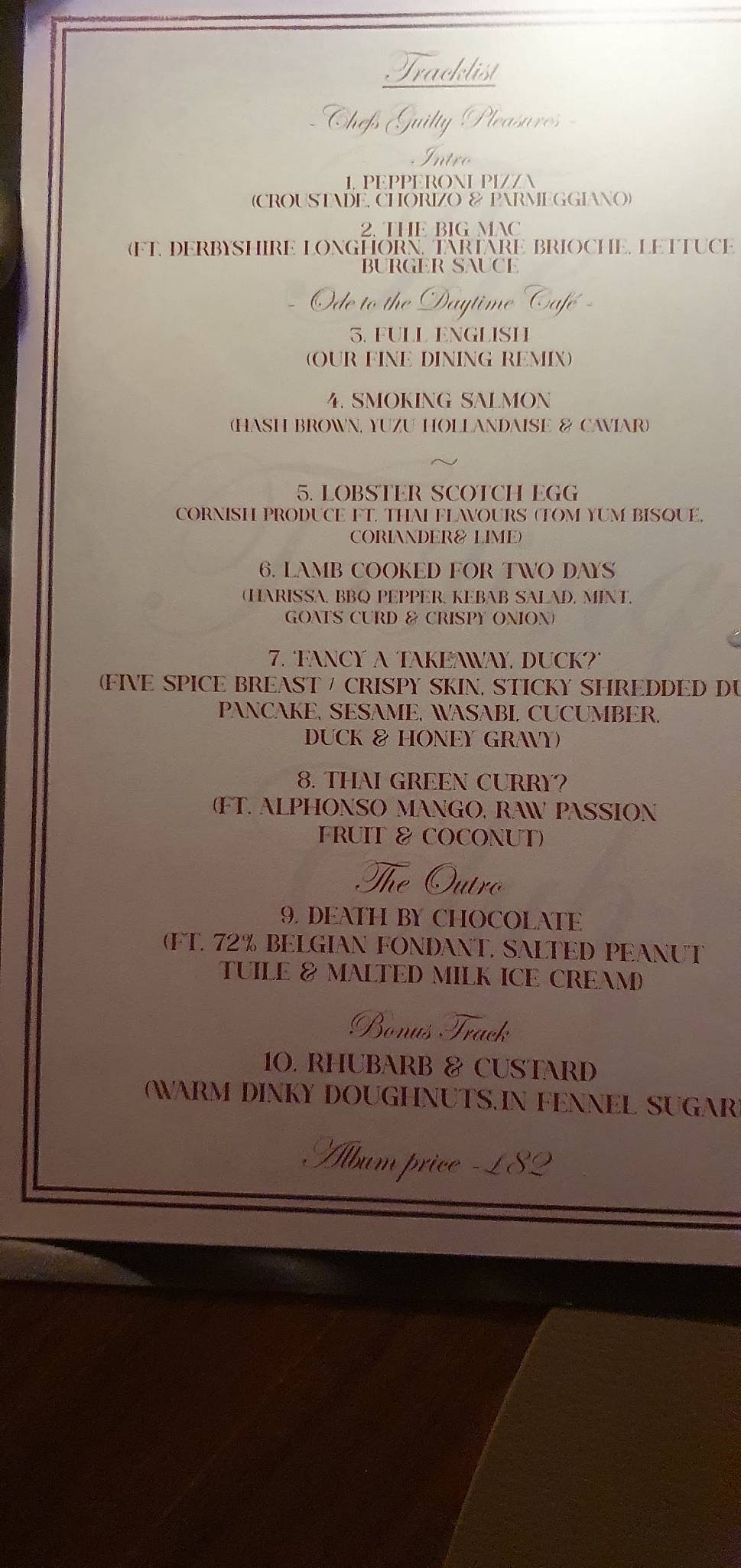 Menu at The Tasting Club Restaurant, Brailsford
