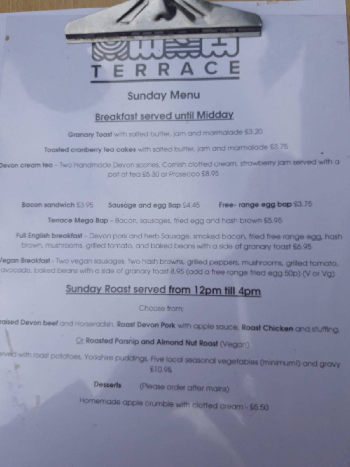 Menu at The Terrace Plymouth cafe, Plymouth