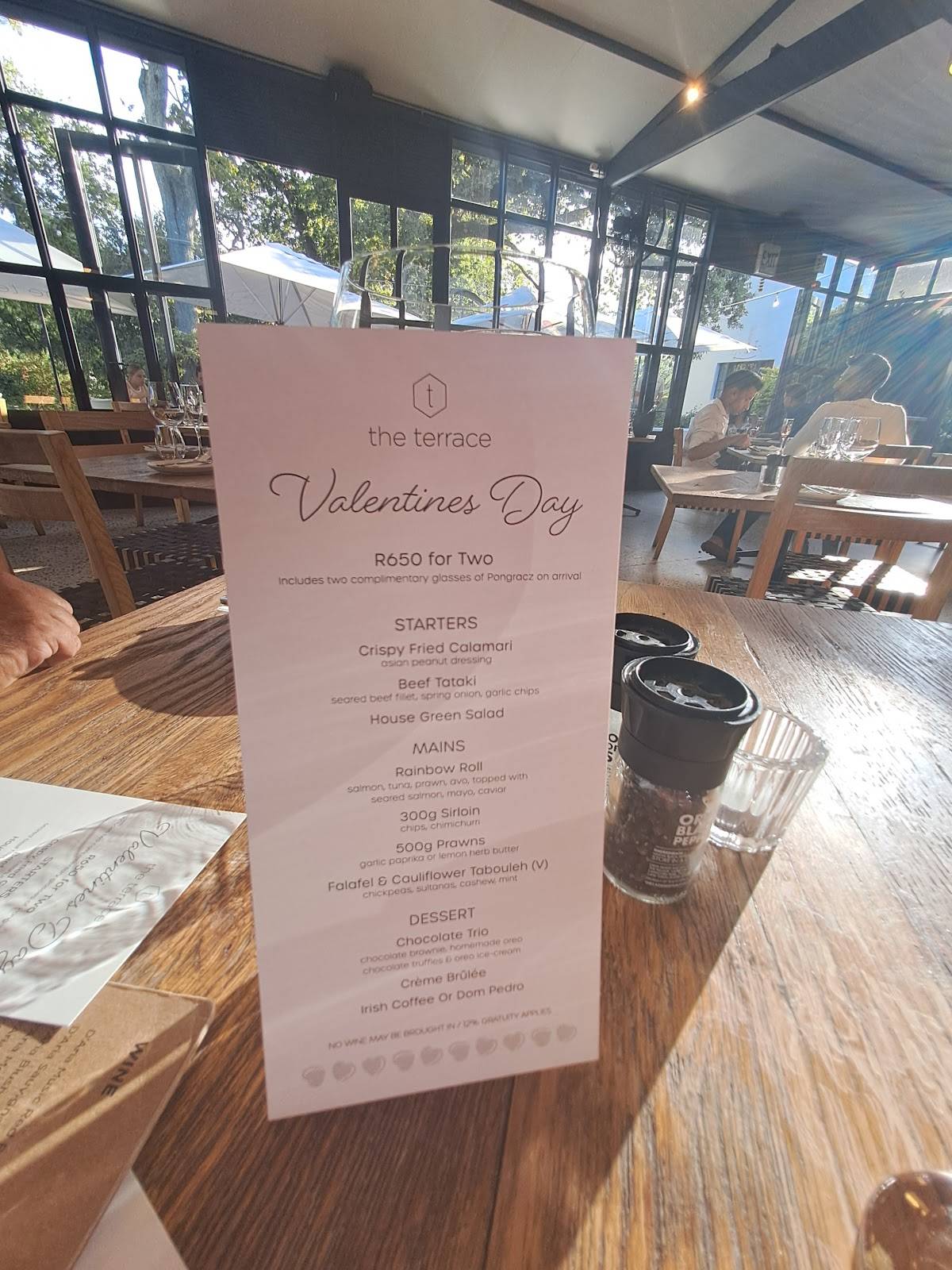 Menu at The Terrace @ D'Aria restaurant, Cape Town