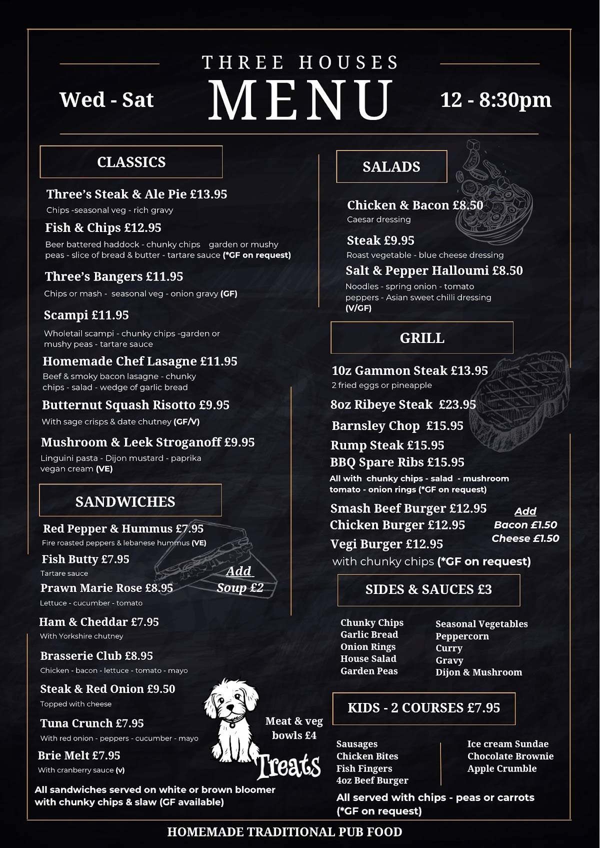 Menu at The Three Houses restaurant, Wakefield