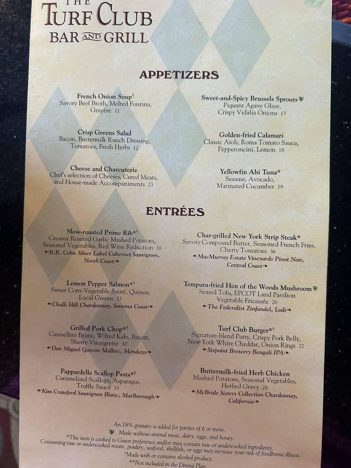 Menu at The Turf Club Bar and Grill, Lake Buena Vista
