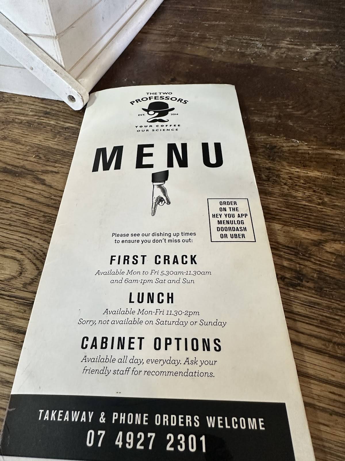 Menu at The Two Professors cafe, Rockhampton City, 49 William St