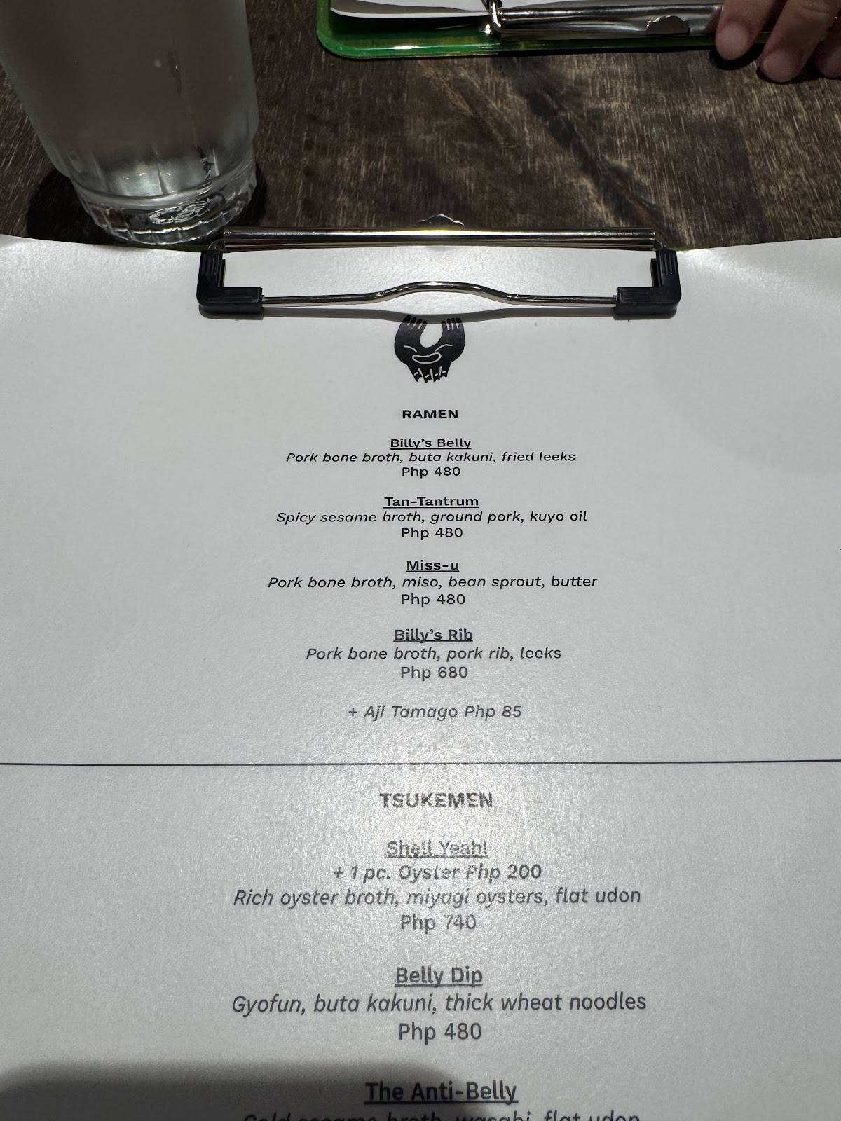 Menu at The Underbelly restaurant, Makati