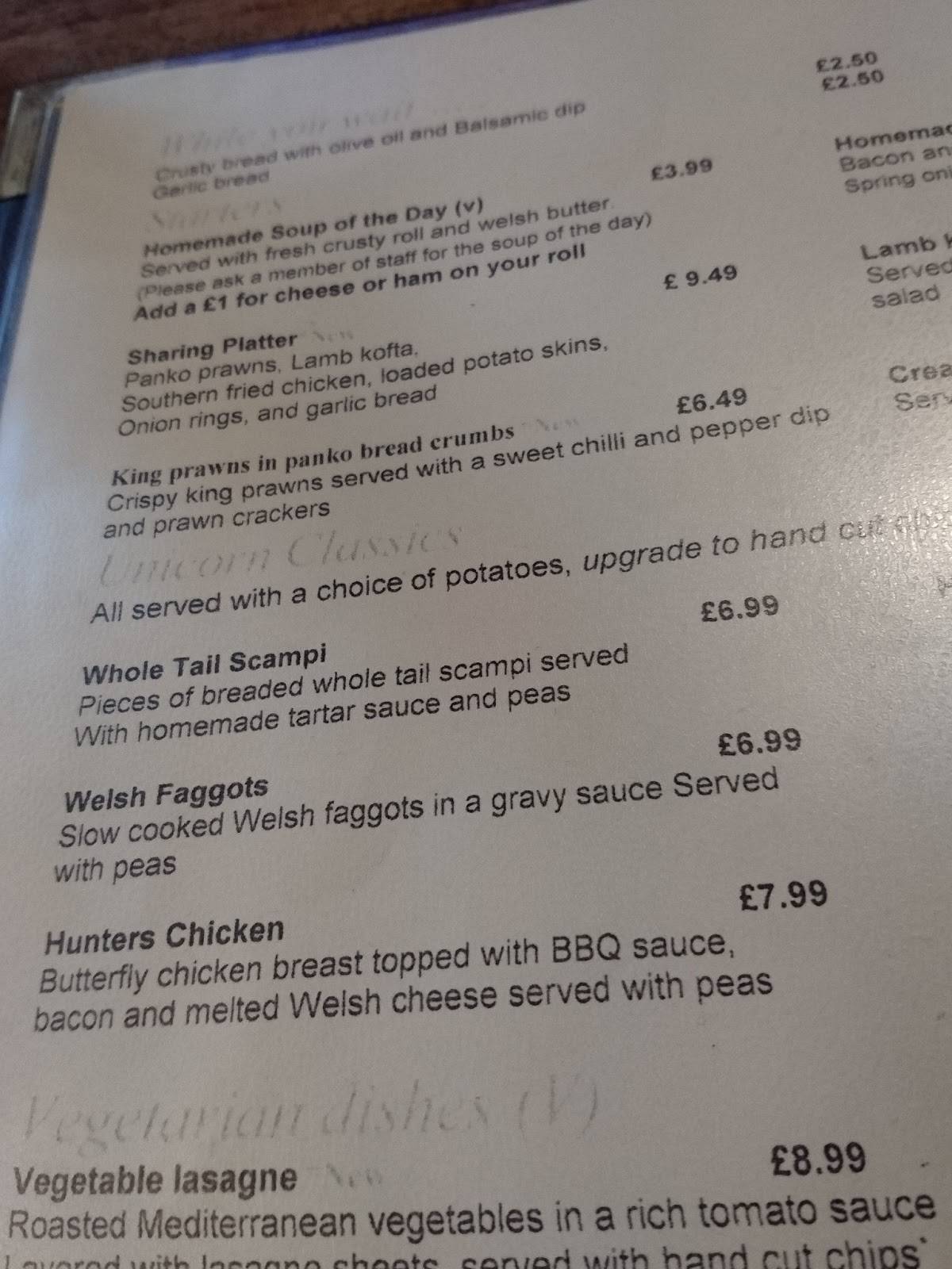 Menu at The Unicorn Inn pub & bar, Cardiff