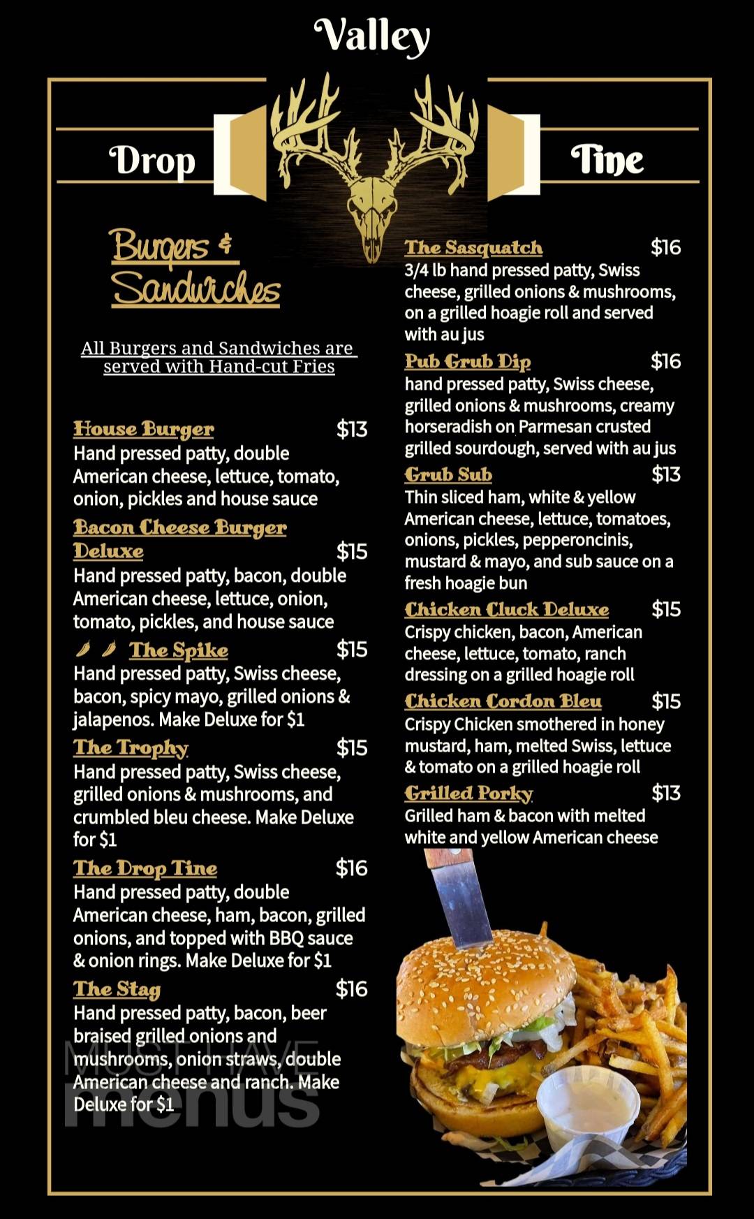 Menu at The Valley Drop Tine Bar and Grill, Valley