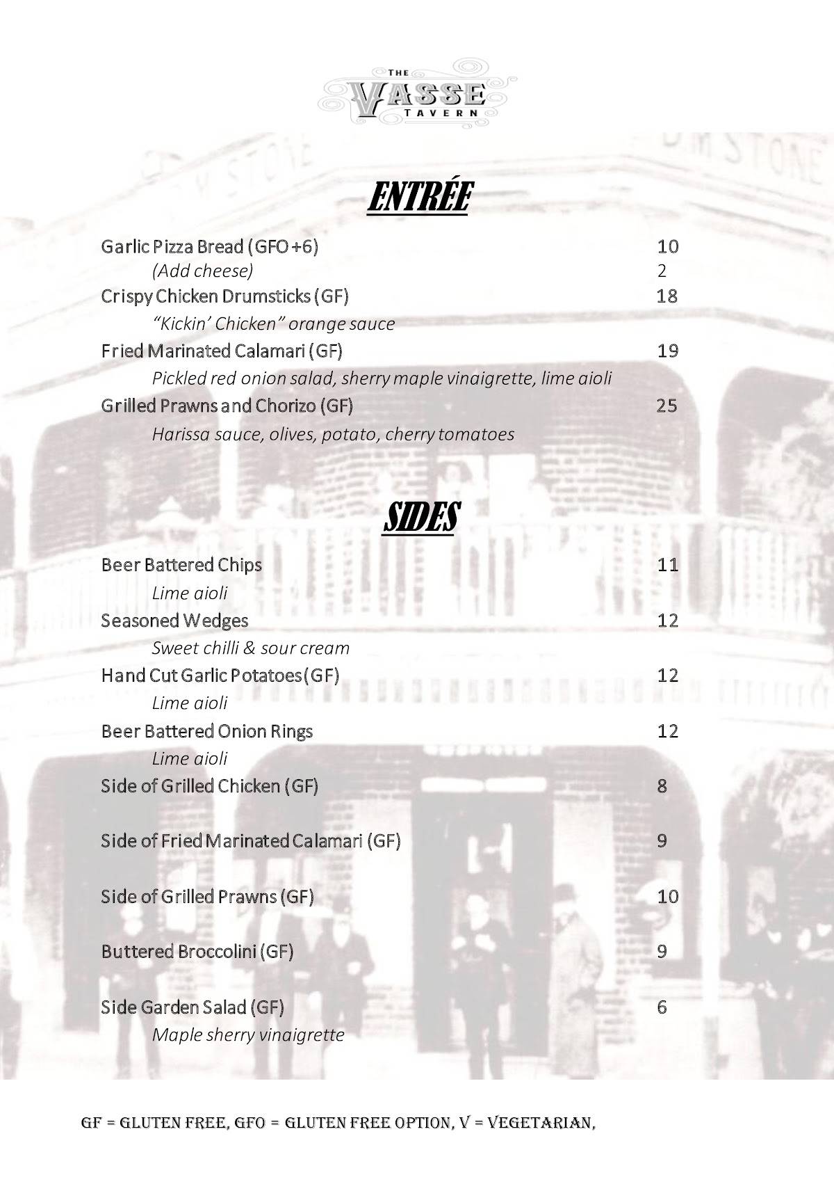 Menu at The Vasse Tavern pub & bar, Busselton, 44 Queen St