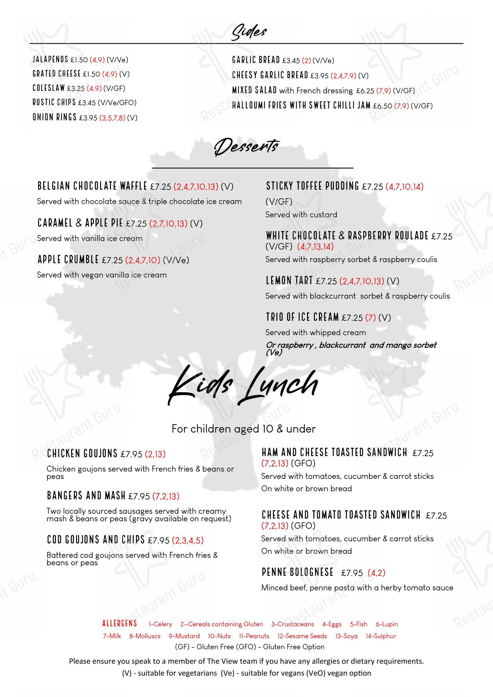 Menu at The View Wootton Wawen restaurant, Henley-in-Arden
