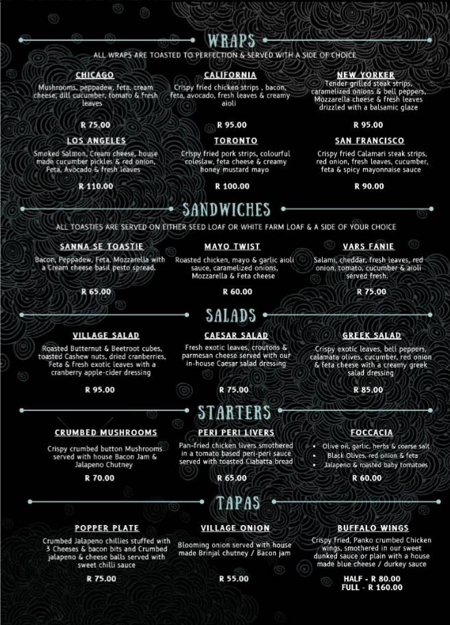 Menu at The Village Guest House & Restaurant, Ceres