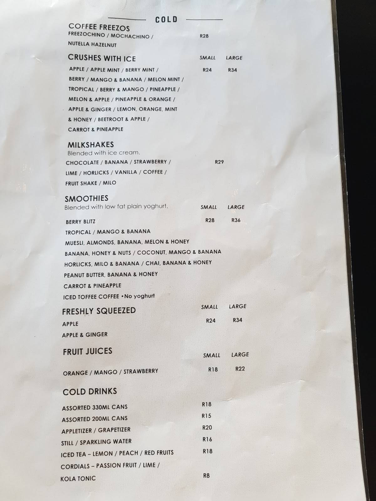 Menu at The Village Table restaurant, Durban