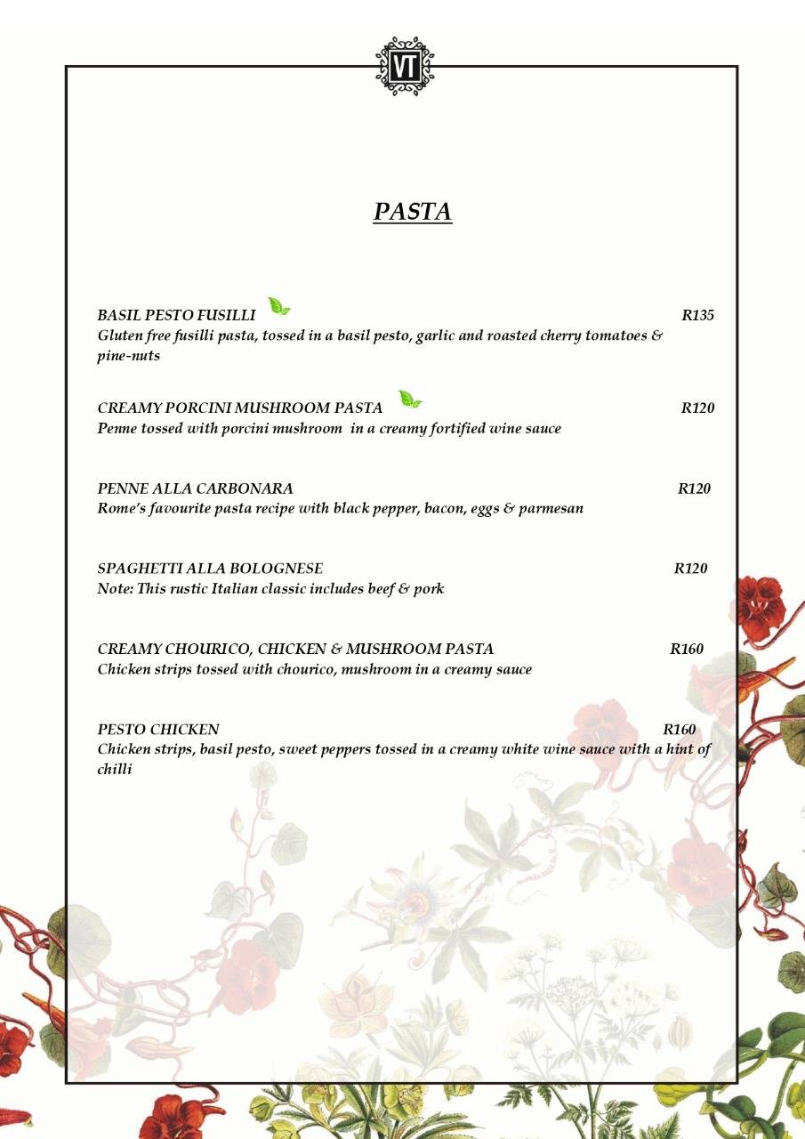 Menu at The Village Table restaurant, Durban