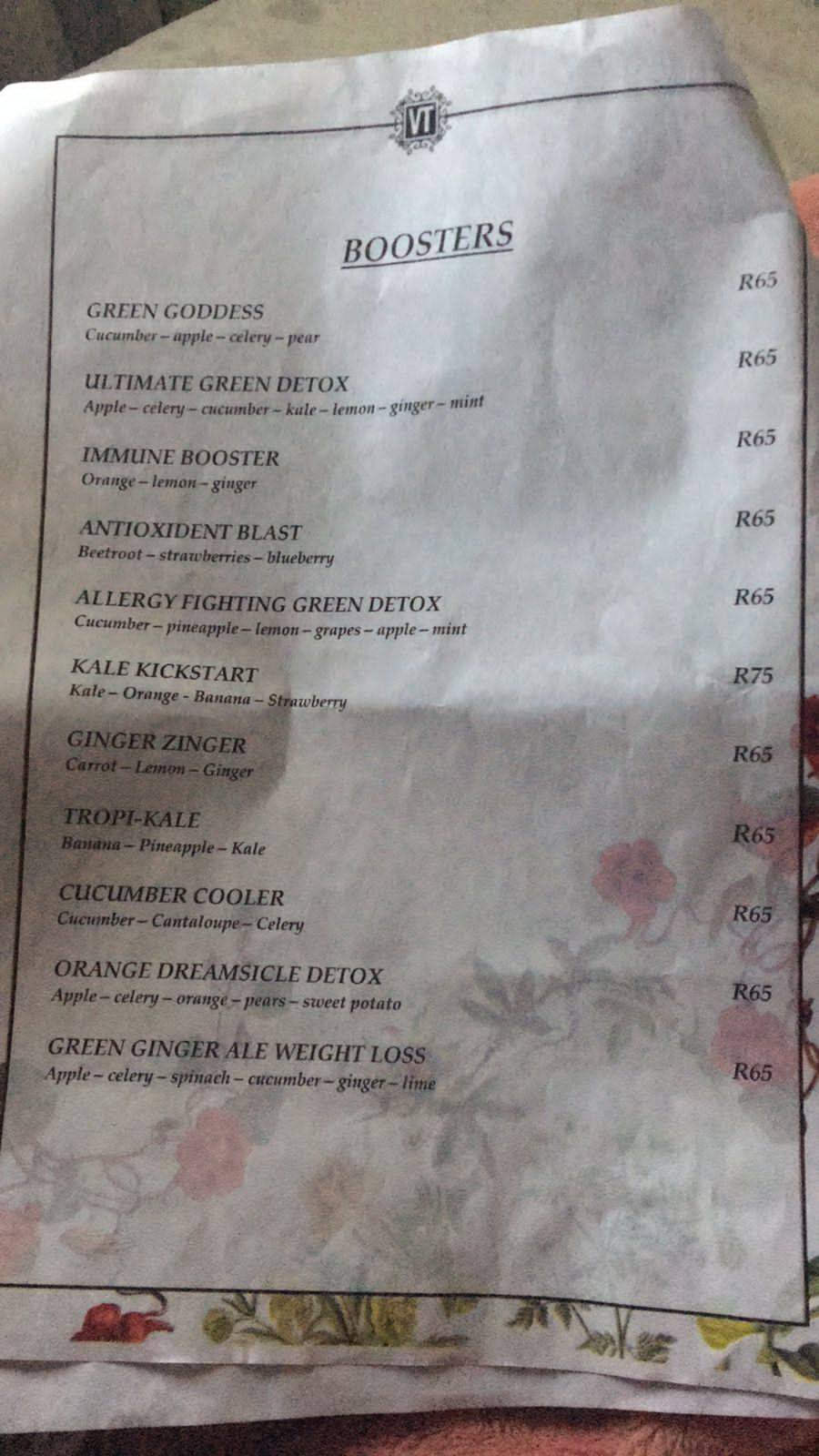 Menu at The Village Table restaurant, Durban
