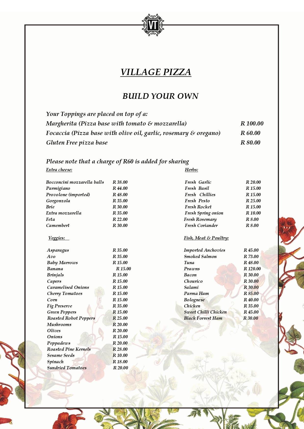 Menu at The Village Table restaurant, Durban