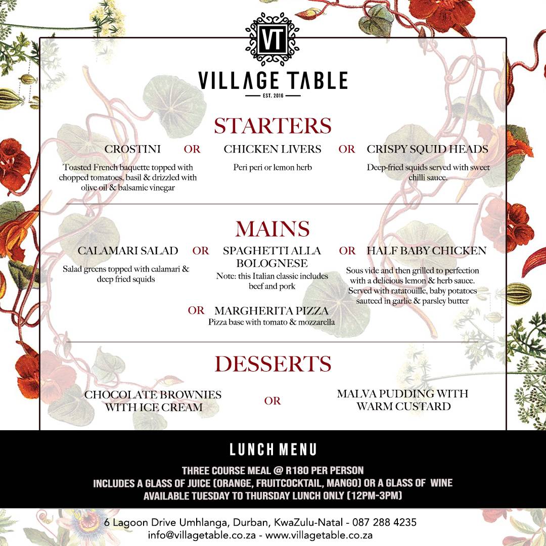 Menu at The Village Table restaurant, Durban