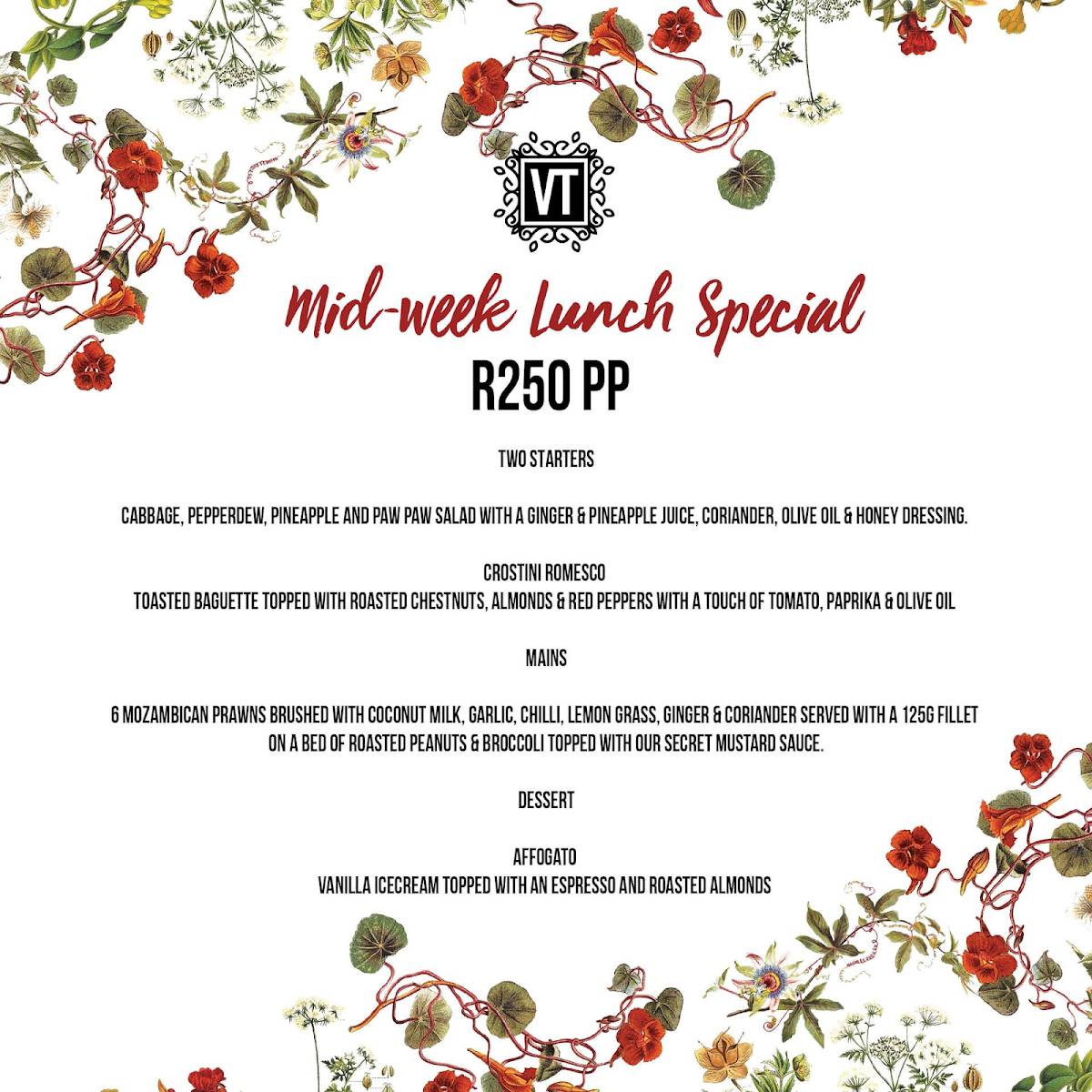 Menu at The Village Table restaurant, Durban