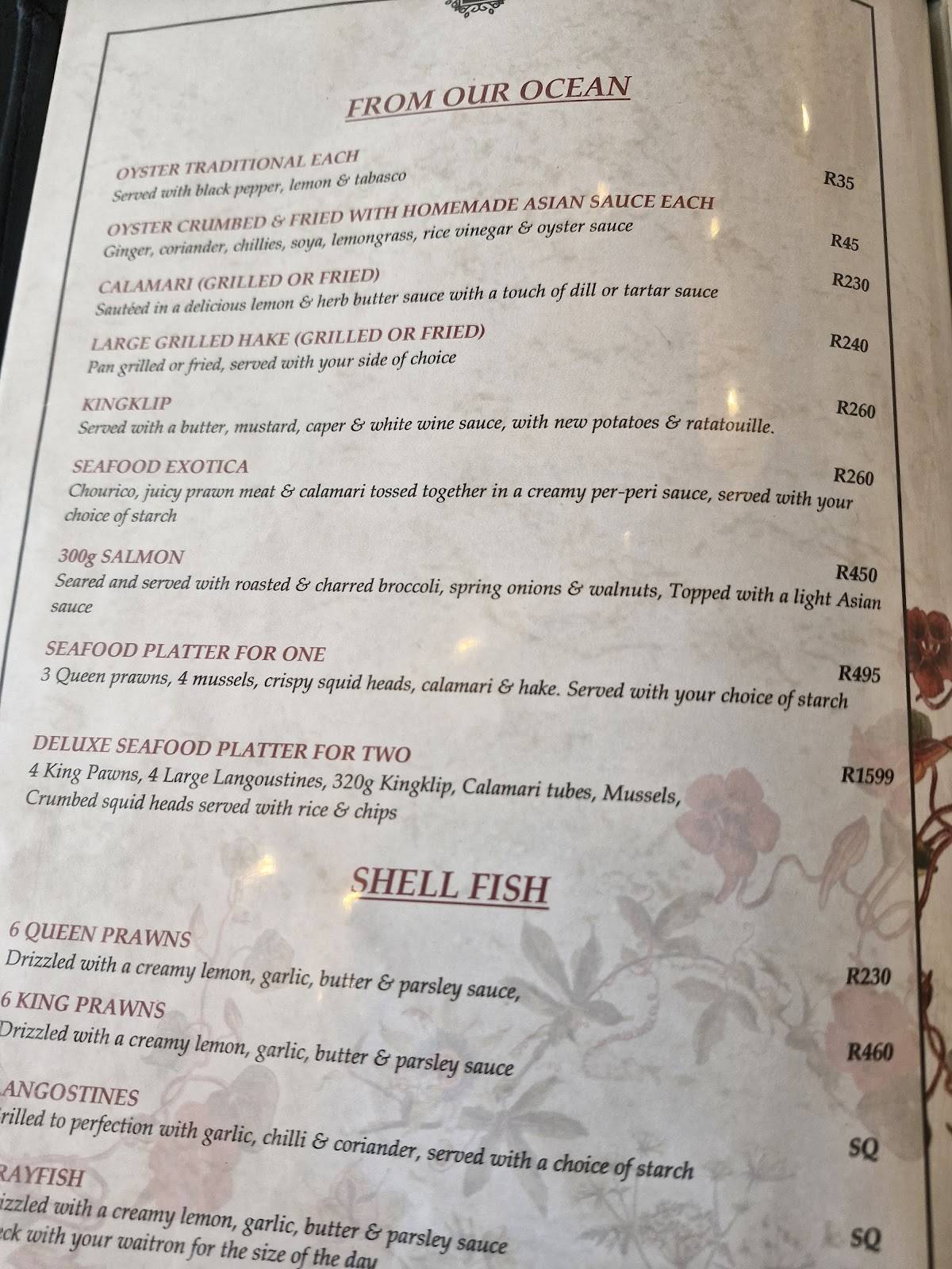 Menu at The Village Table restaurant, Durban