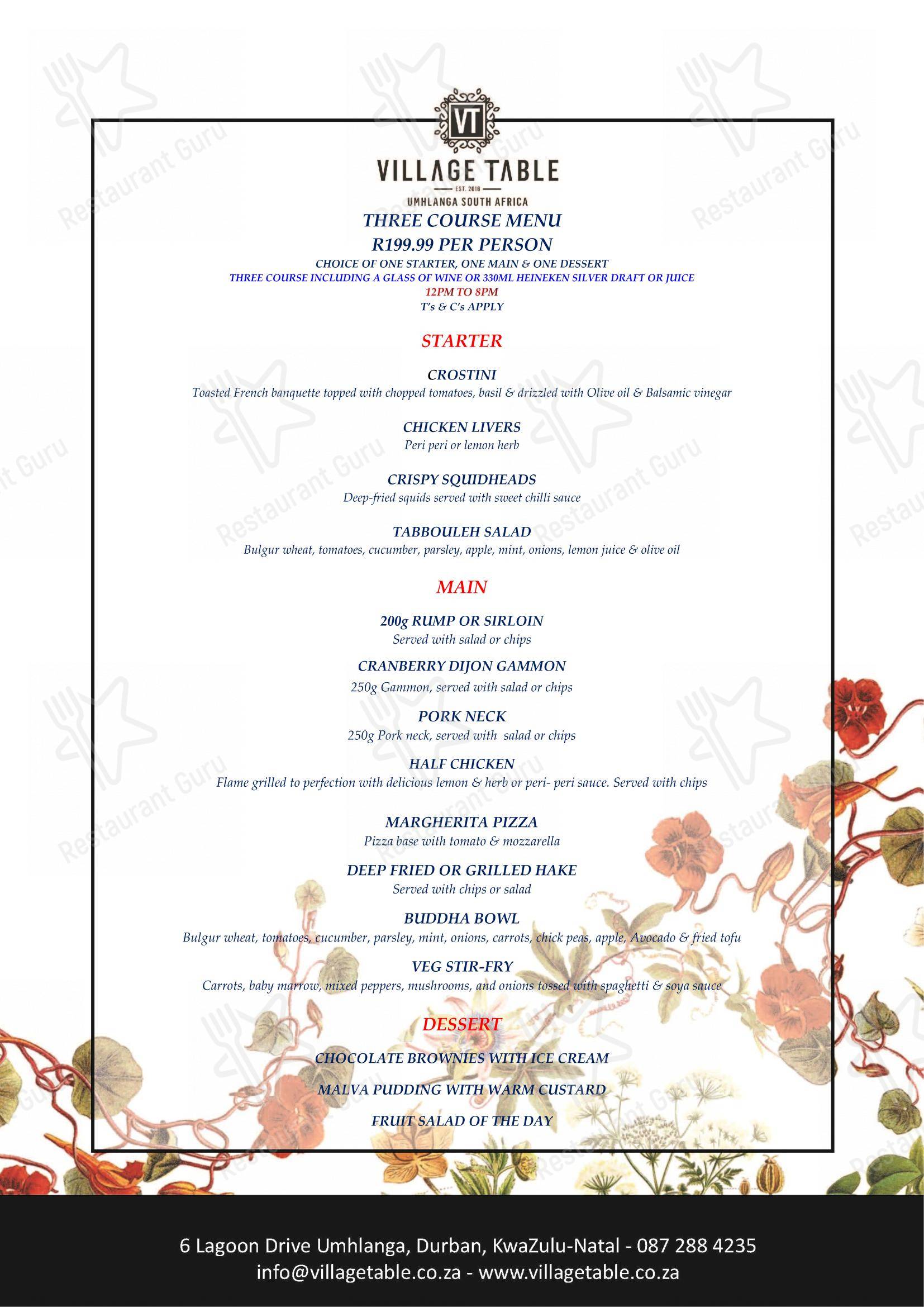 Menu at The Village Table restaurant, Durban