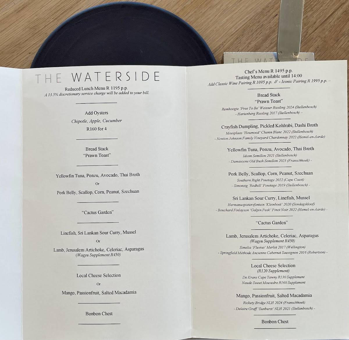 Menu at The Waterside restaurant, Cape Town