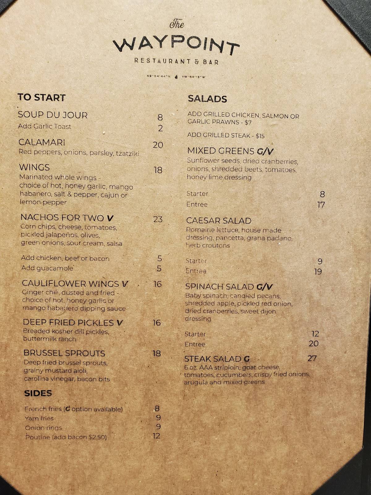 Menu at The Waypoint Restaurant & Bar, Kaslo