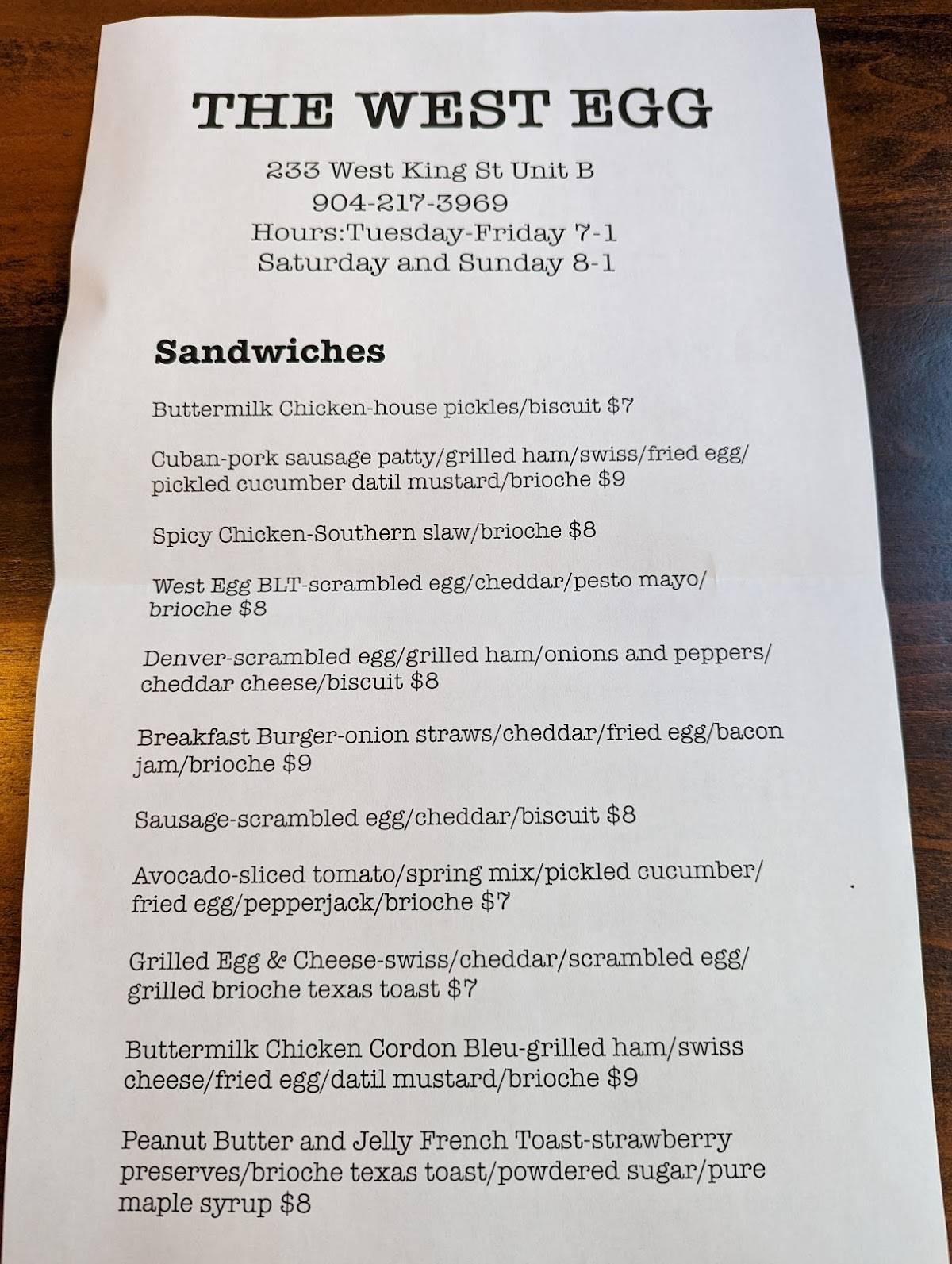 Menu at The West Egg restaurant, St. Augustine