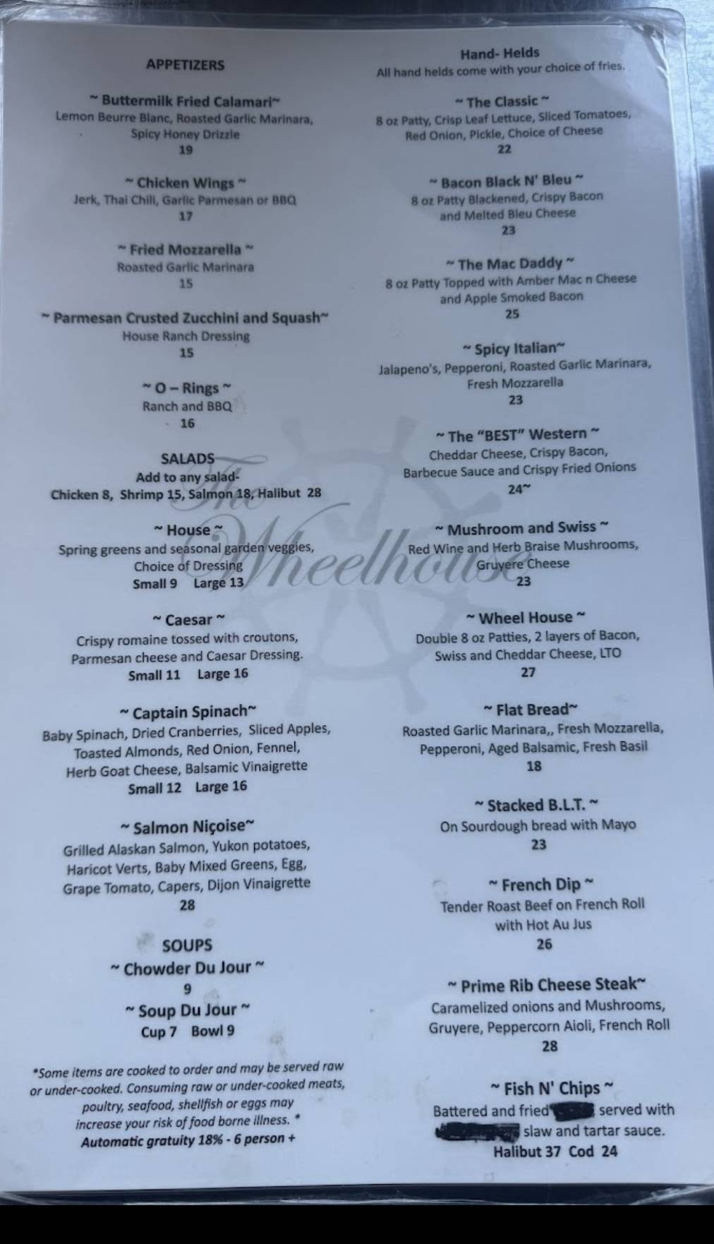 Menu at The Wheelhouse pub & bar, Valdez
