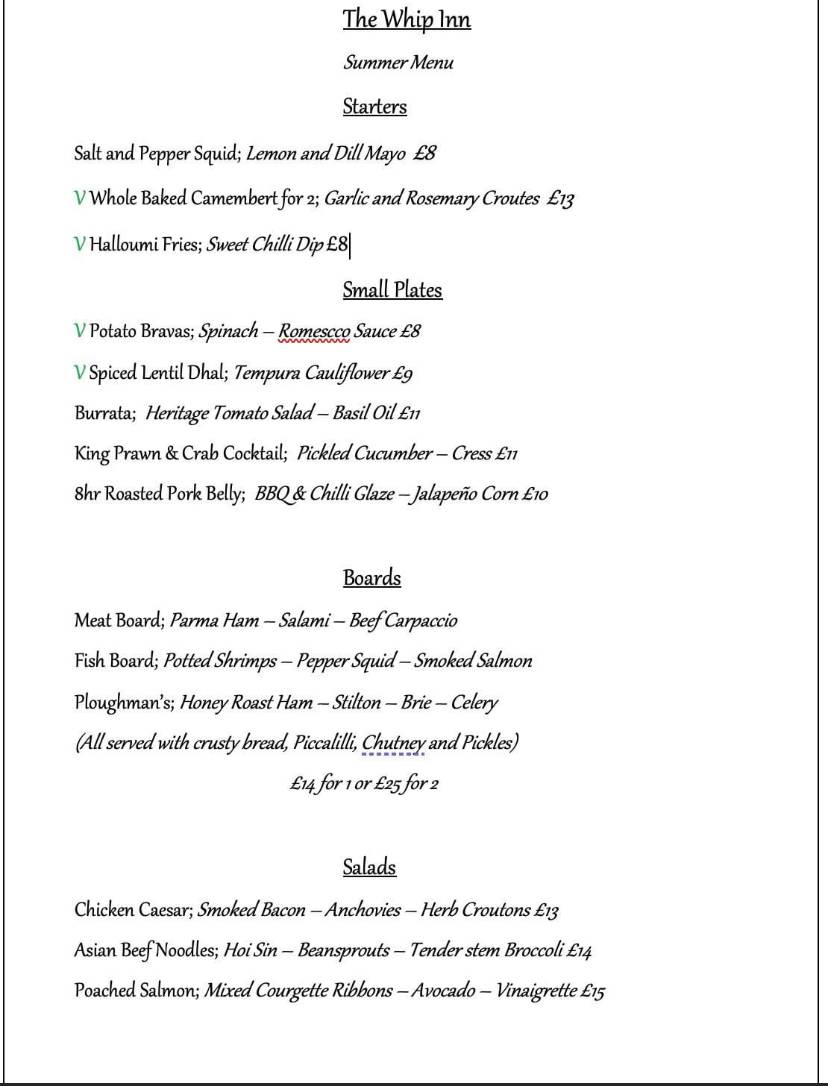 Menu at The Whip Inn pub & bar, Princes Risborough