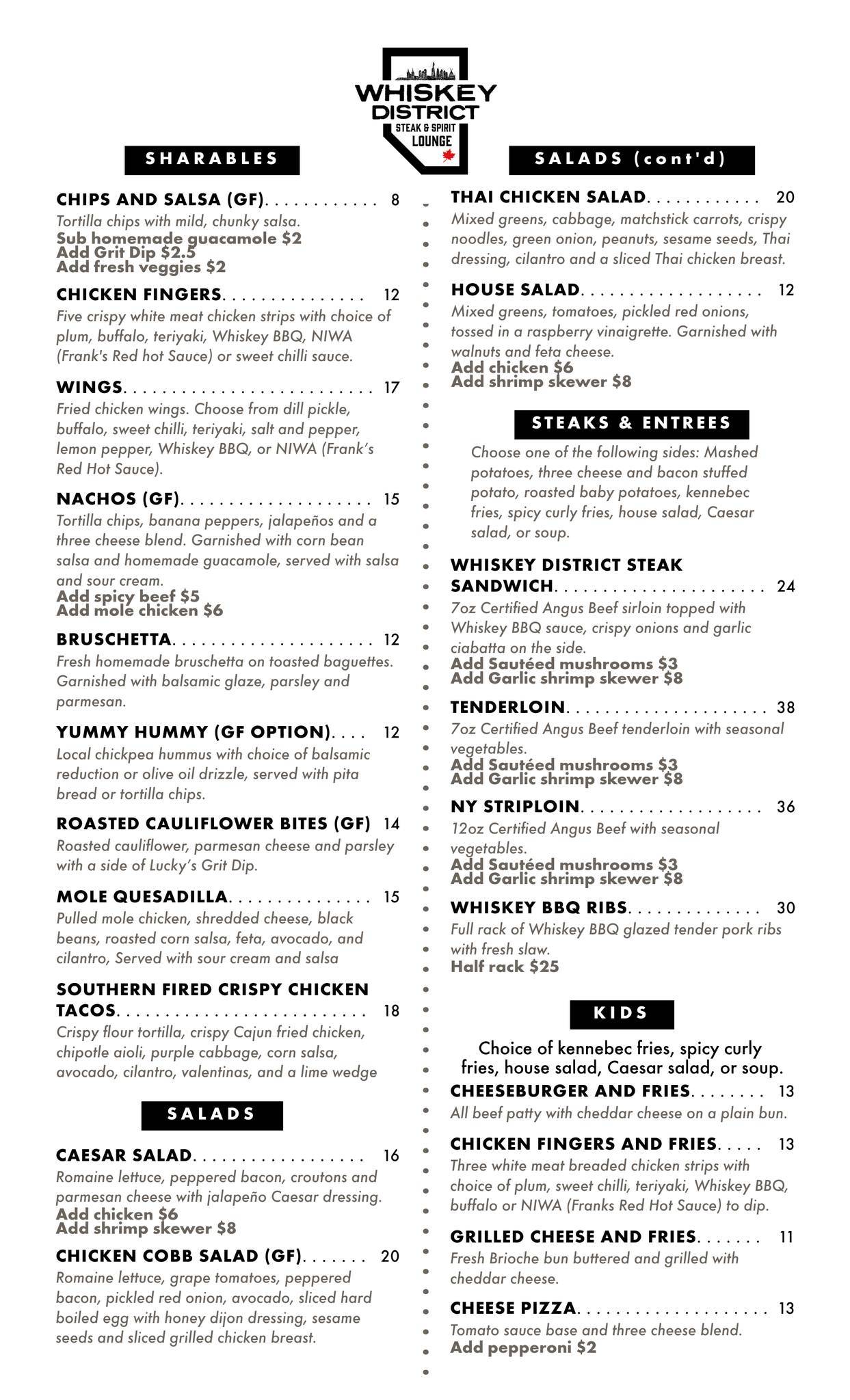 Menu at The Whiskey District steakhouse, Medicine Hat