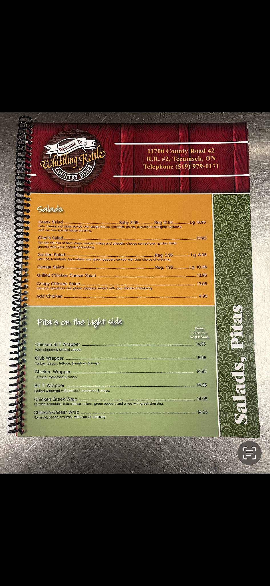 Menu at The Whistling Kettle restaurant, Tecumseh