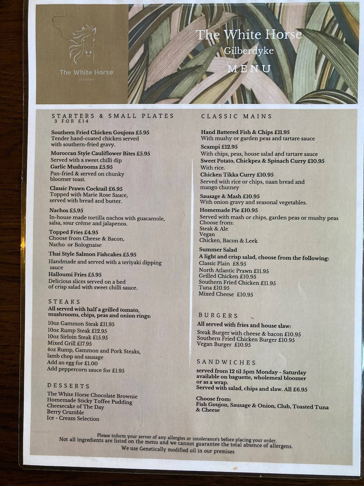 Menu at The White Horse Inn pub & bar, Gilberdyke, Main Rd