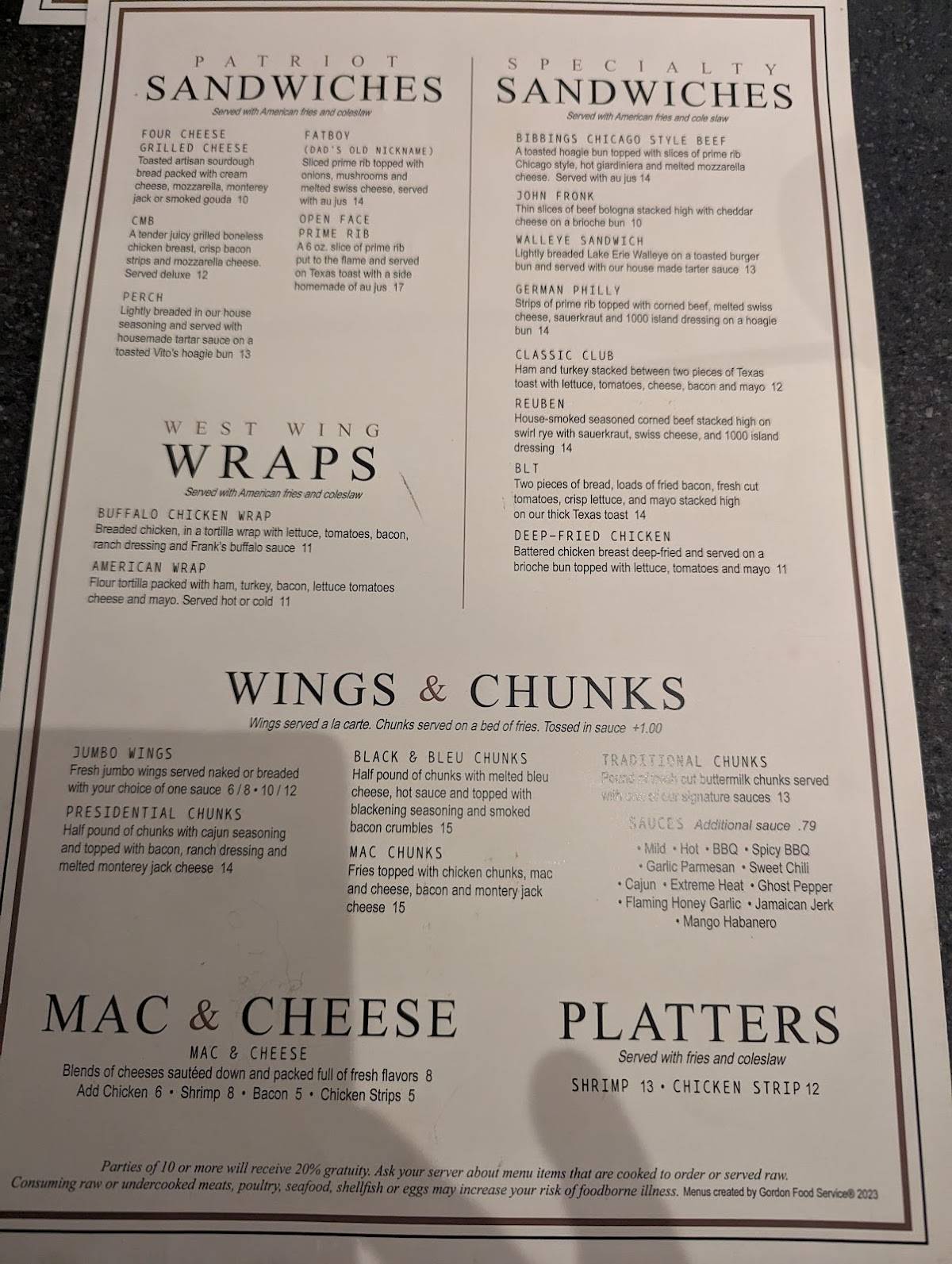 Menu at The Whitehouse Inn steakhouse, Whitehouse