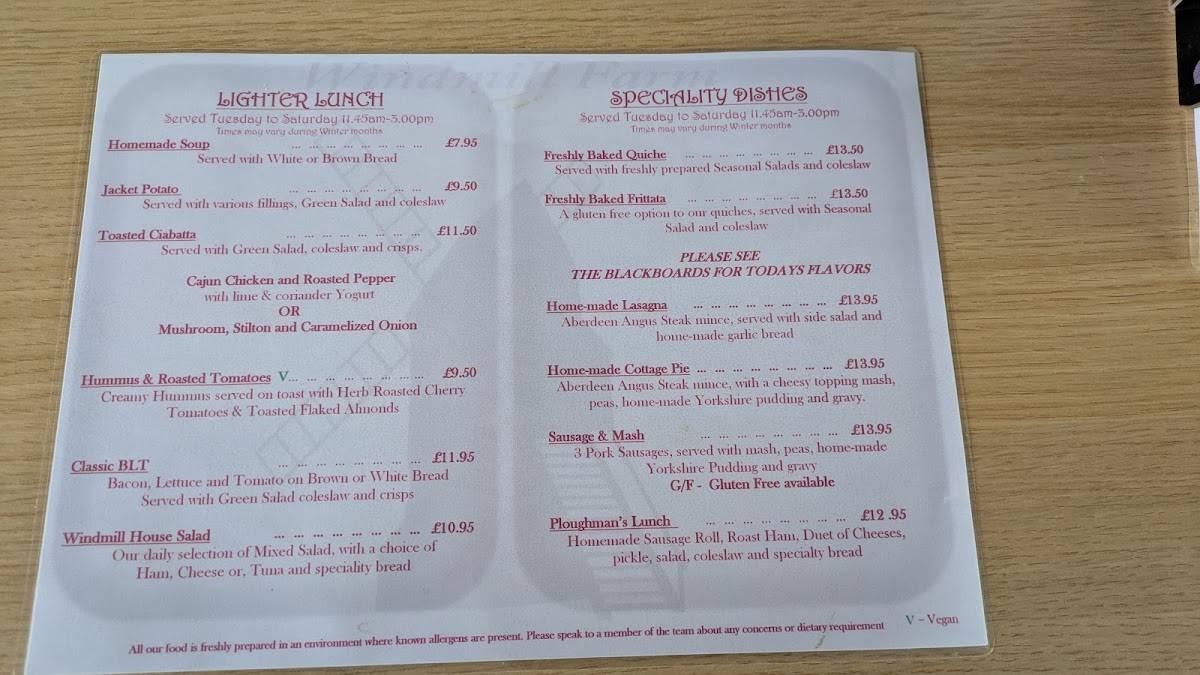 Menu at The Windmill Farm cafe, Ilkeston