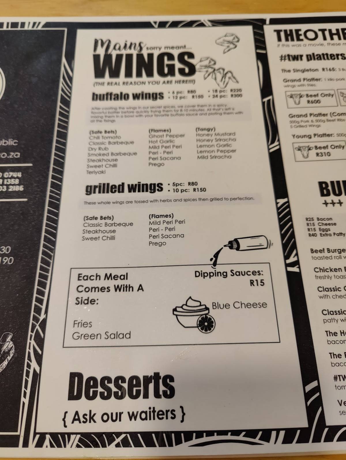 Menu at The Wing Republic - Pretoria, Pretoria