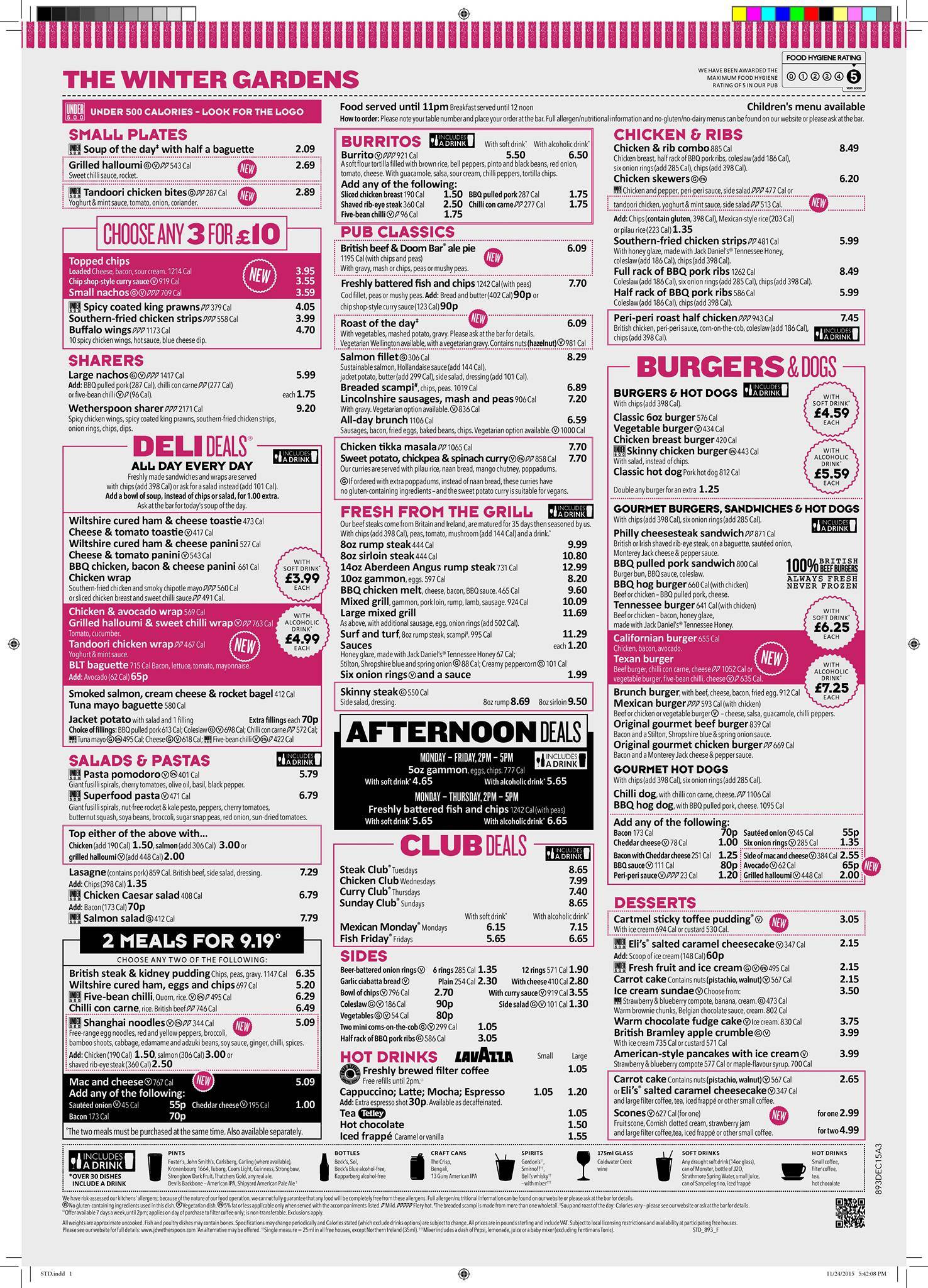 Menu at The Winter Gardens - JD Wetherspoon pub & bar, Harrogate