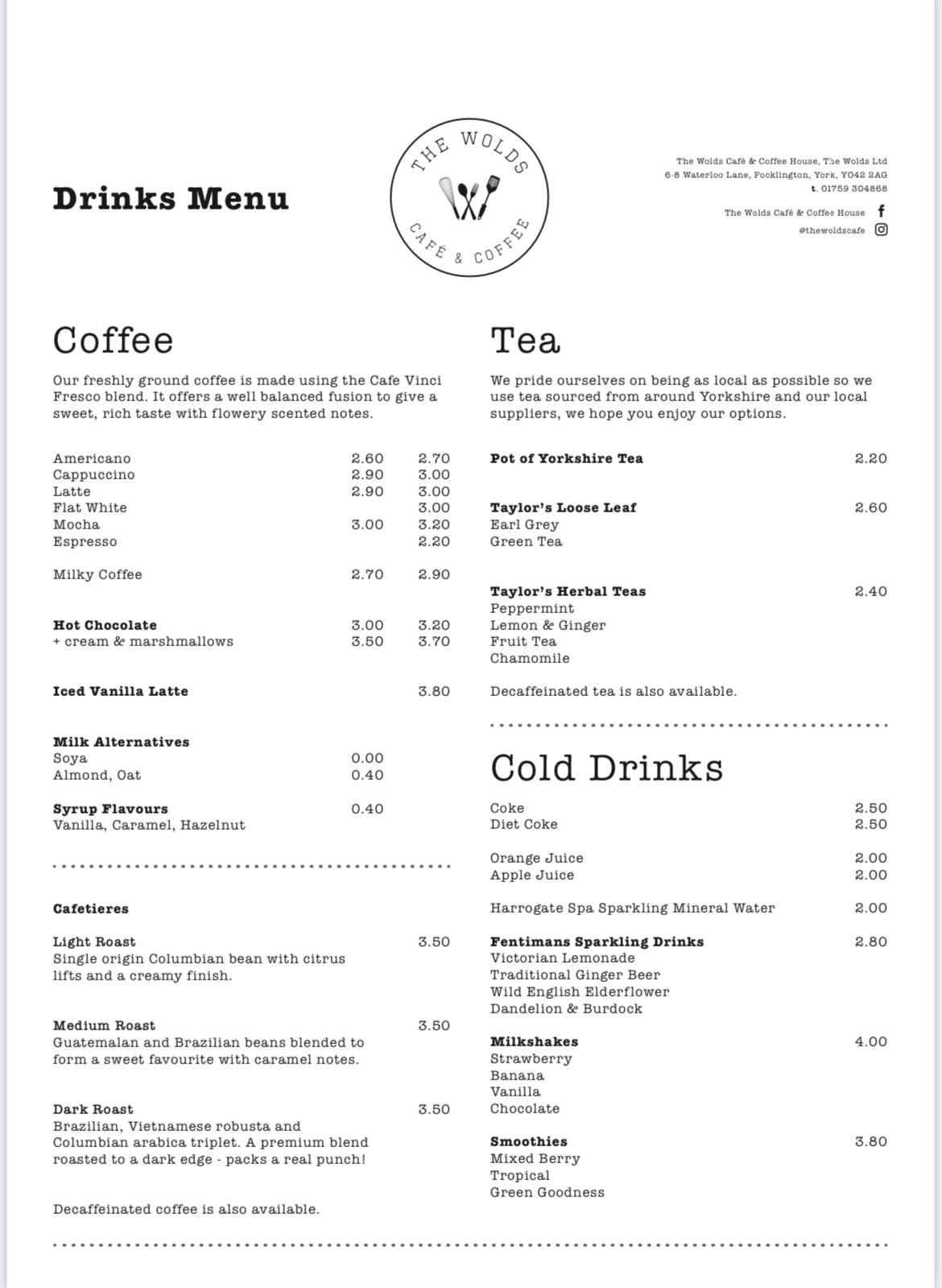 Menu at The Wolds Café cafe, Pocklington