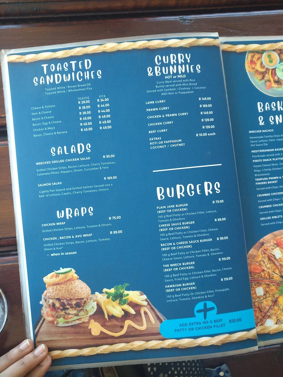 Menu at The Wreck restaurant, Port Edward