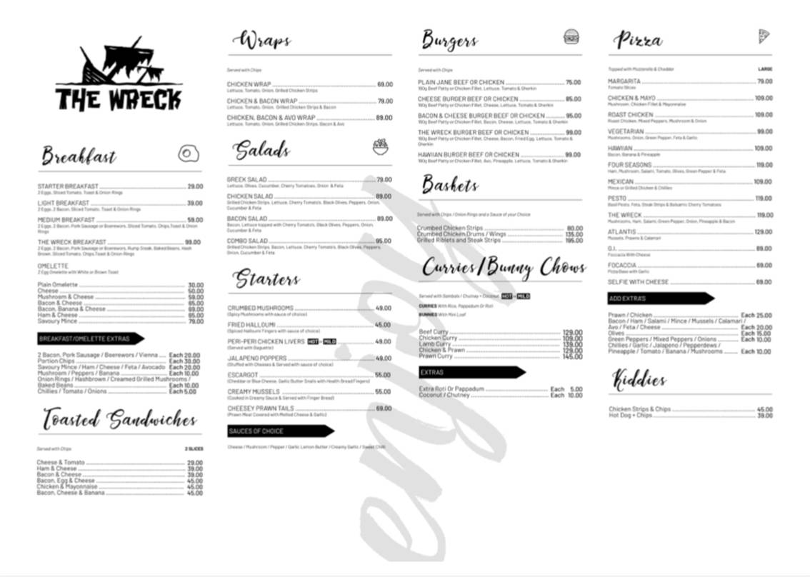Menu at The Wreck restaurant, Port Edward