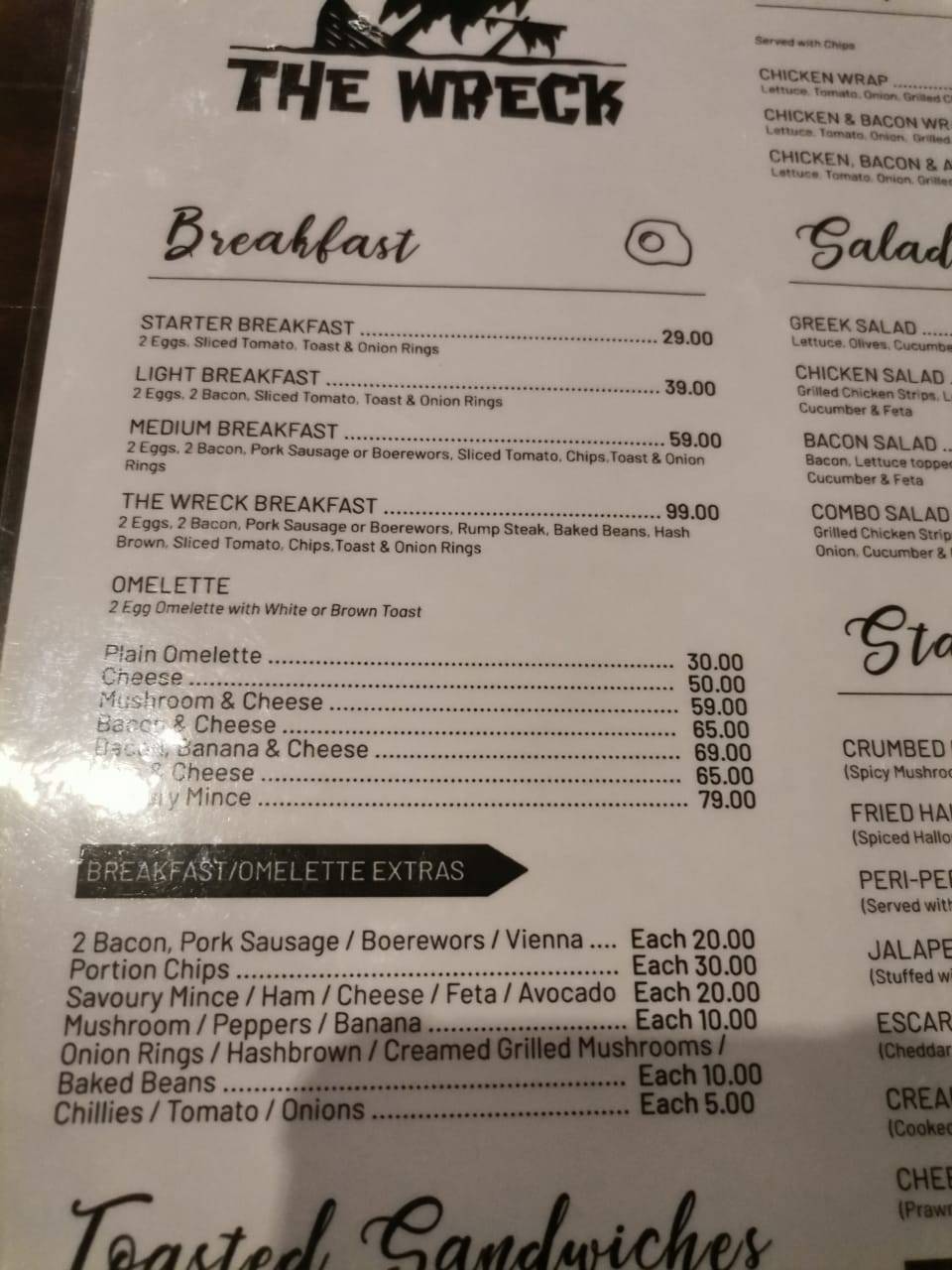 Menu at The Wreck restaurant, Port Edward