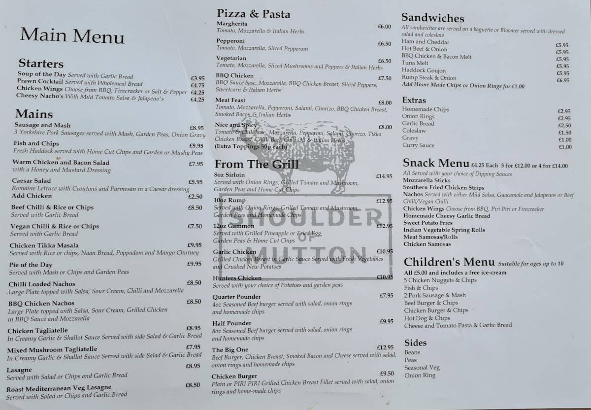 Menu at Shoulder of Mutton, Shelf pub & bar, Halifax, 1 Carr House Ln