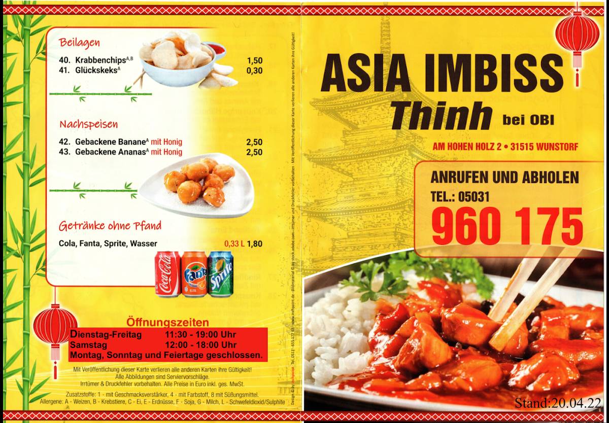 Speisekarte von Thinh Asia Imbiss (früher bei OBI), Wunstorf