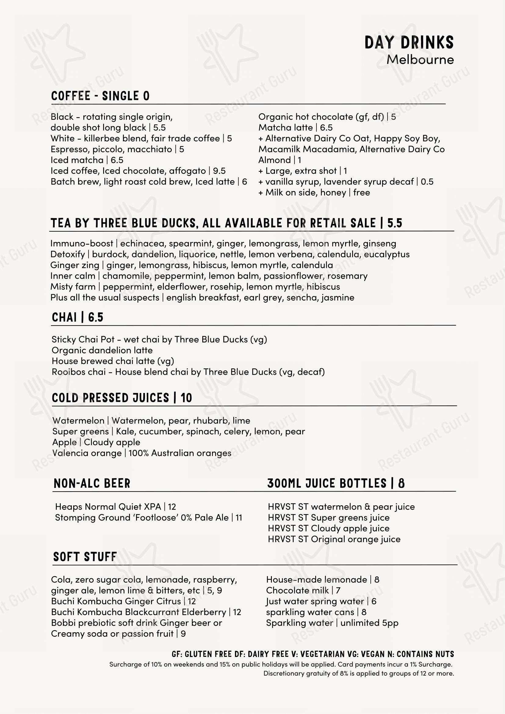 Menu at Three Blue Ducks, Melbourne restaurant, Tullamarine