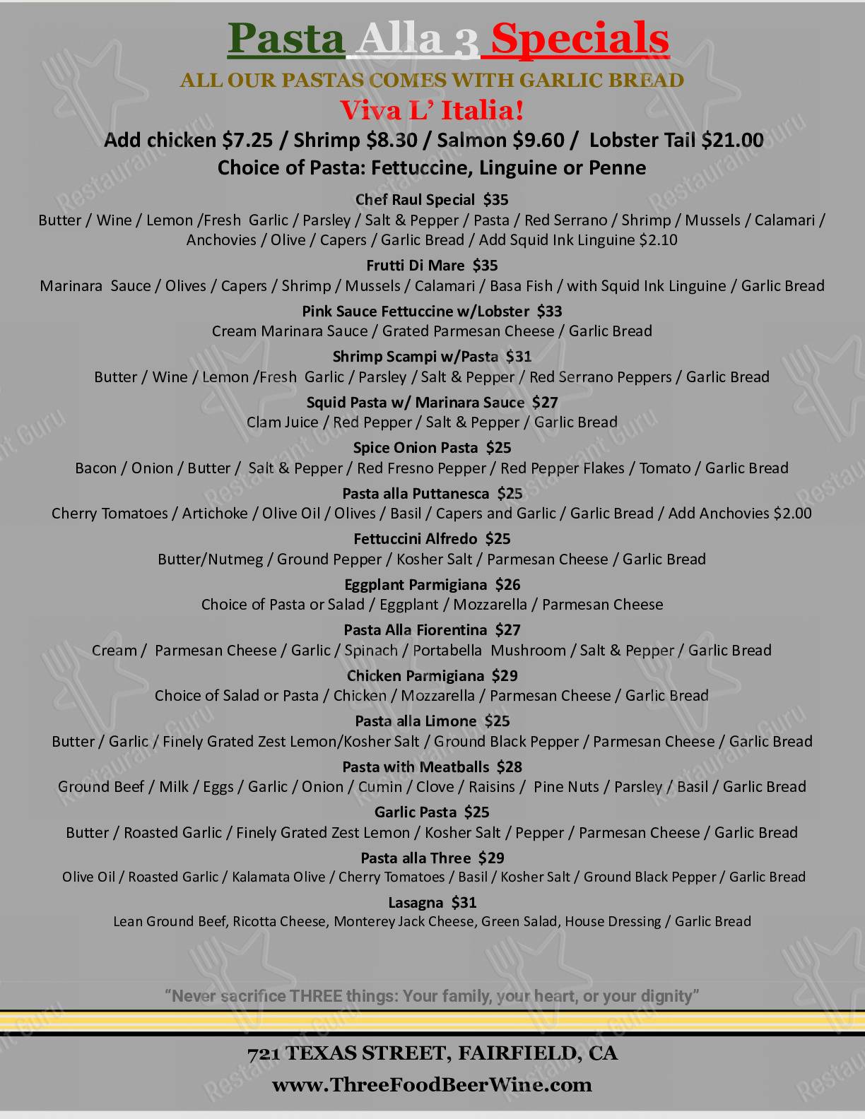 Menu at Three Italian Restaurant, Fairfield