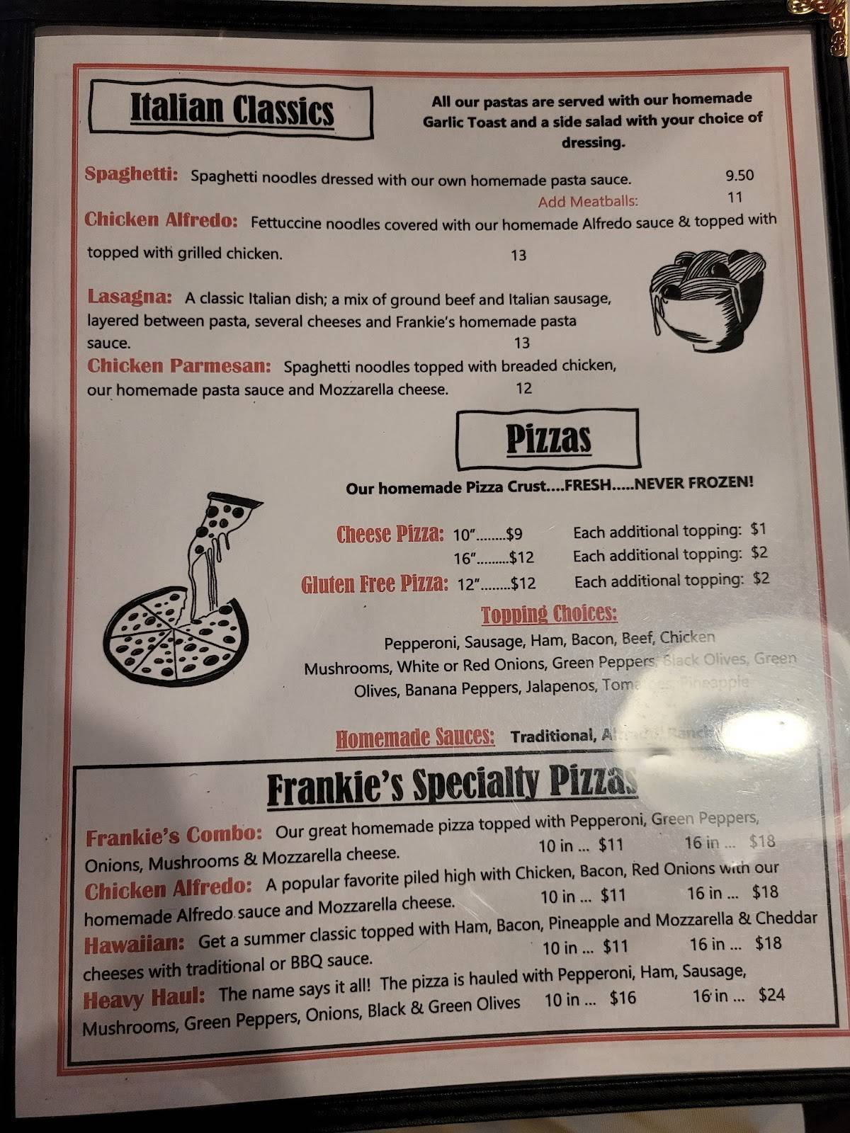 Menu at Frankie's pizzeria, Three Rivers