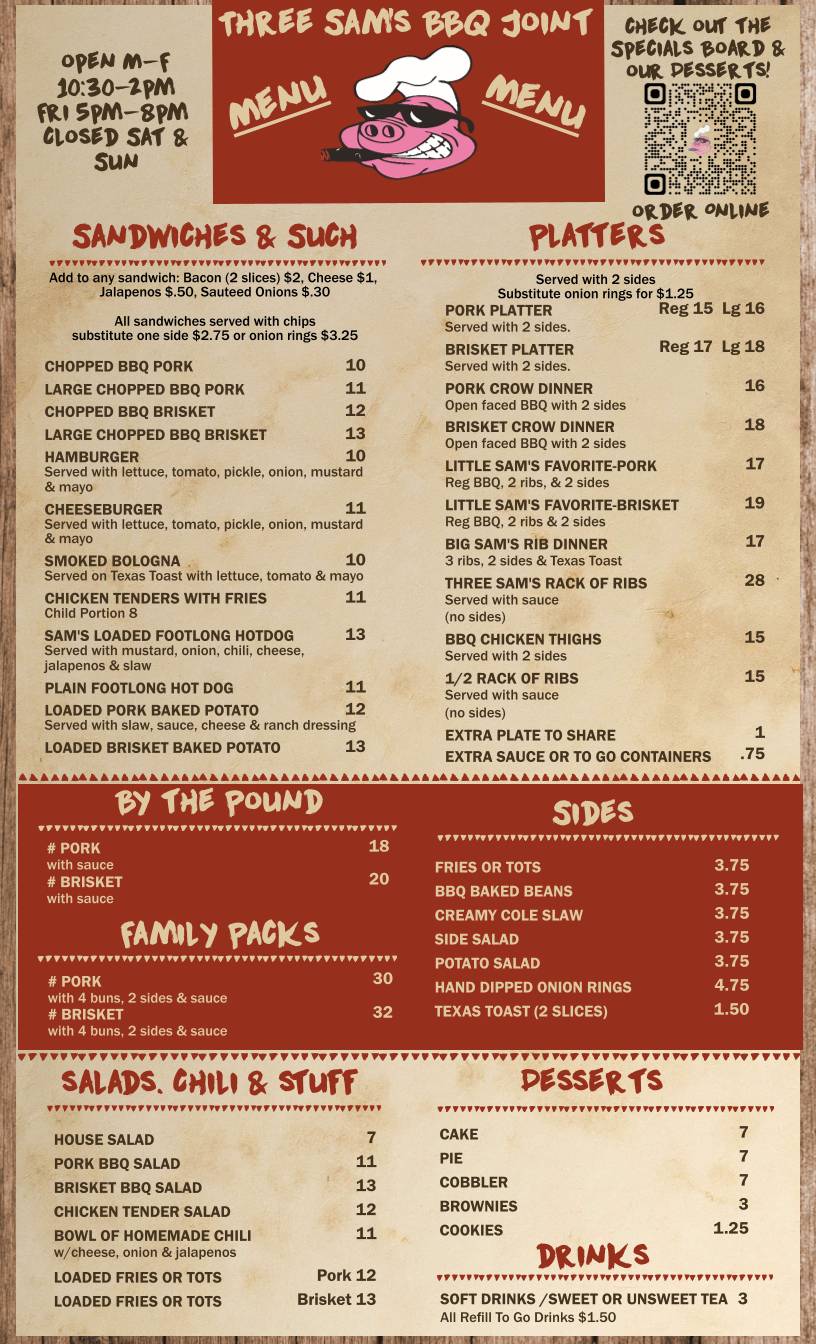 Menu at Three Sam's Barbeque Joint, Little Rock
