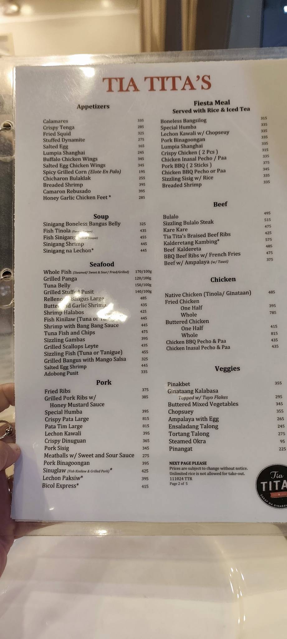 Menu at Tia Tita's restaurant, Tacloban City, Alfresco