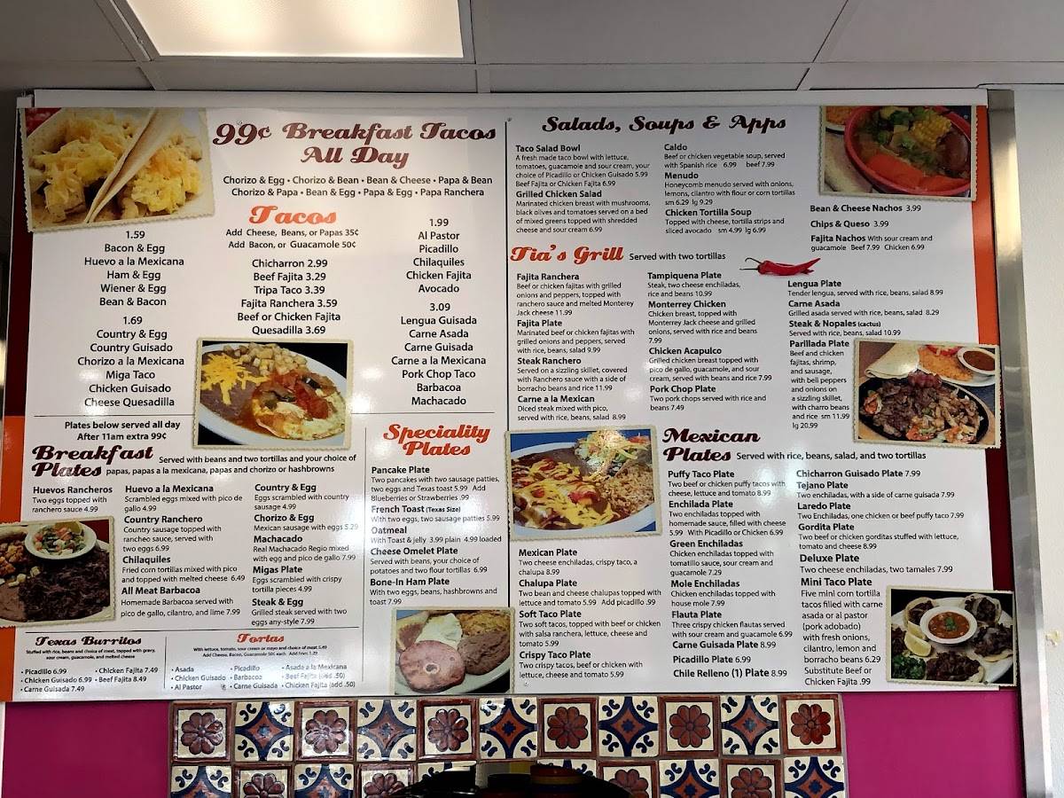 Menu at Tia's Taco Hut restaurant, New Braunfels