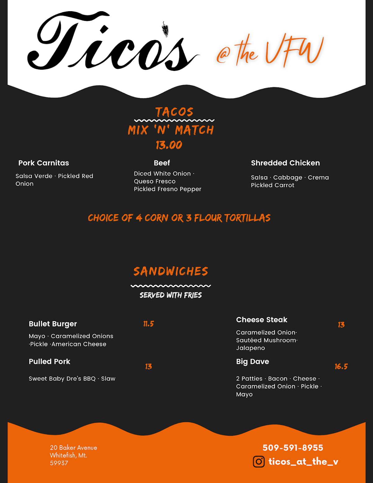 Menu at Tico's restaurant, Whitefish
