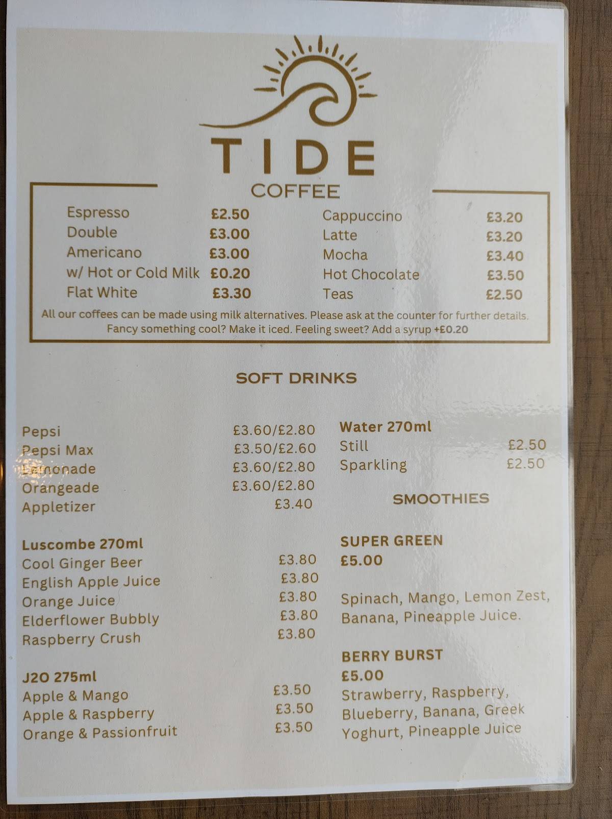 Carta de Tide Beach Bar & Cafe, Seaton