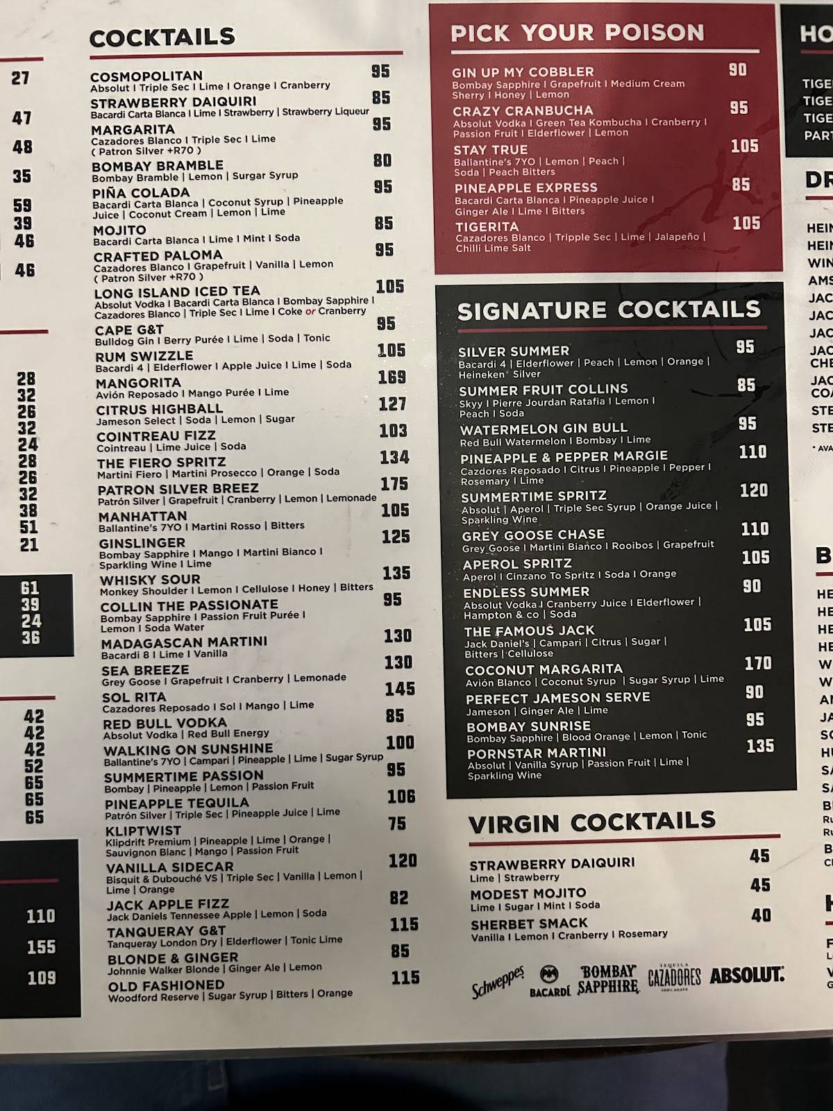 Menu at Tiger's Milk Melrose Arch restaurant, Johannesburg, Melrose Arch