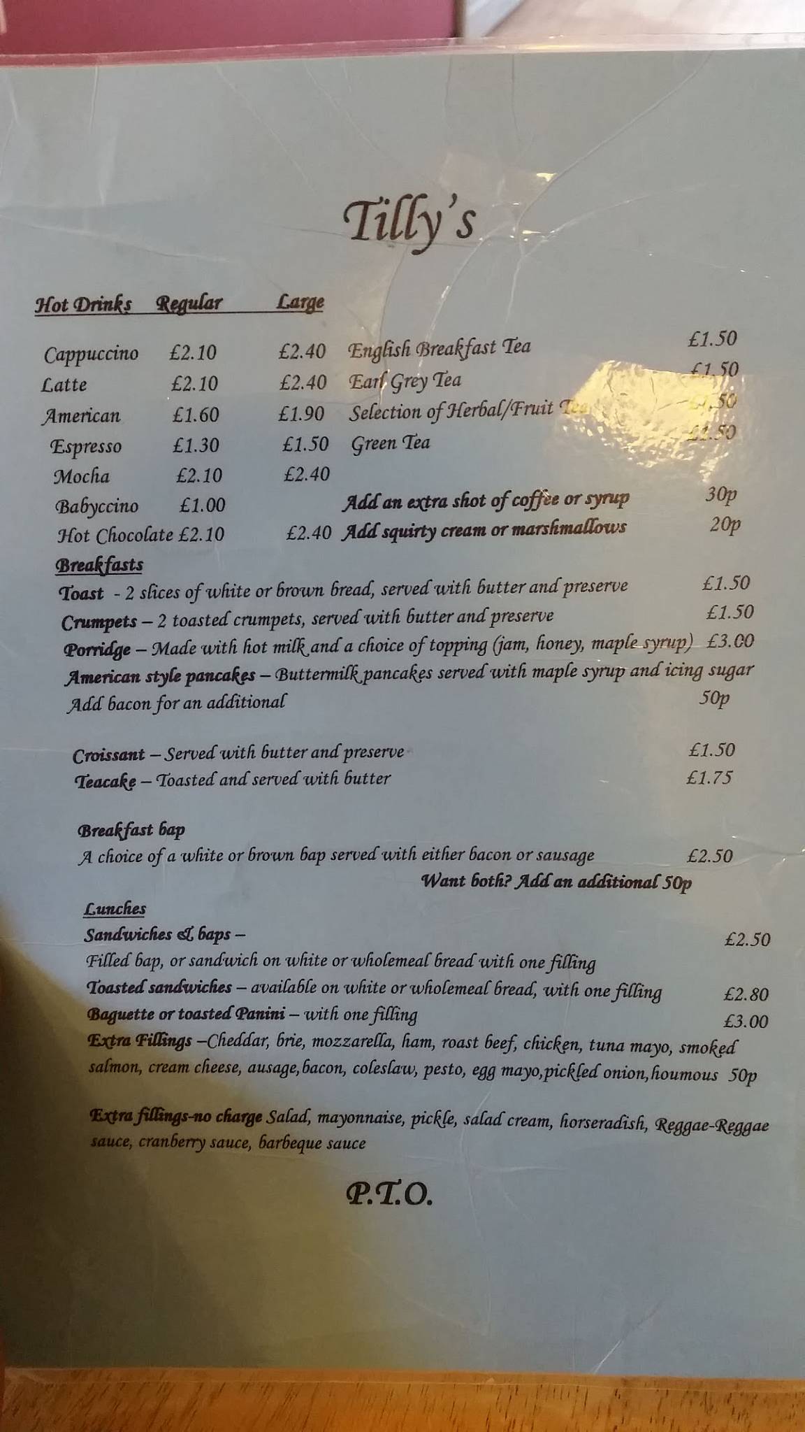 Menu at Tilly's cafe, Aylesbury